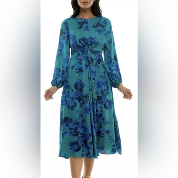 Maison Tara | Dresses | Maison Tara Teal Blue Floral Satin Fit Flare ...
